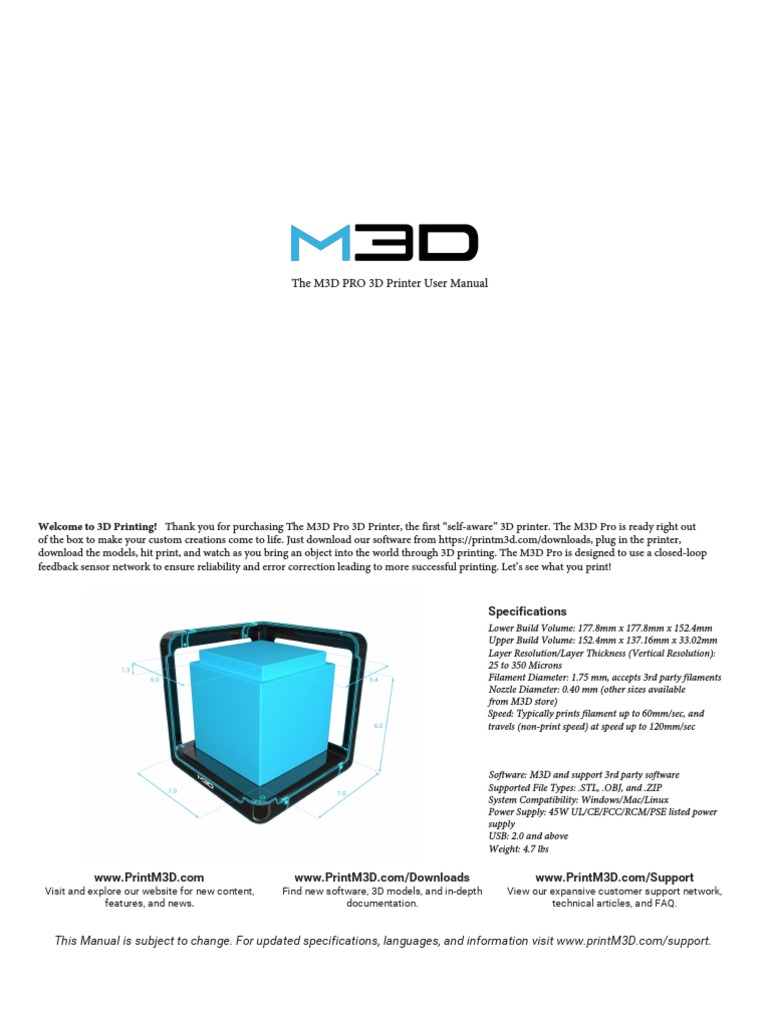 M3D Pro Manual May - 2017 | PDF | 3 D Printing | 3 D Modeling