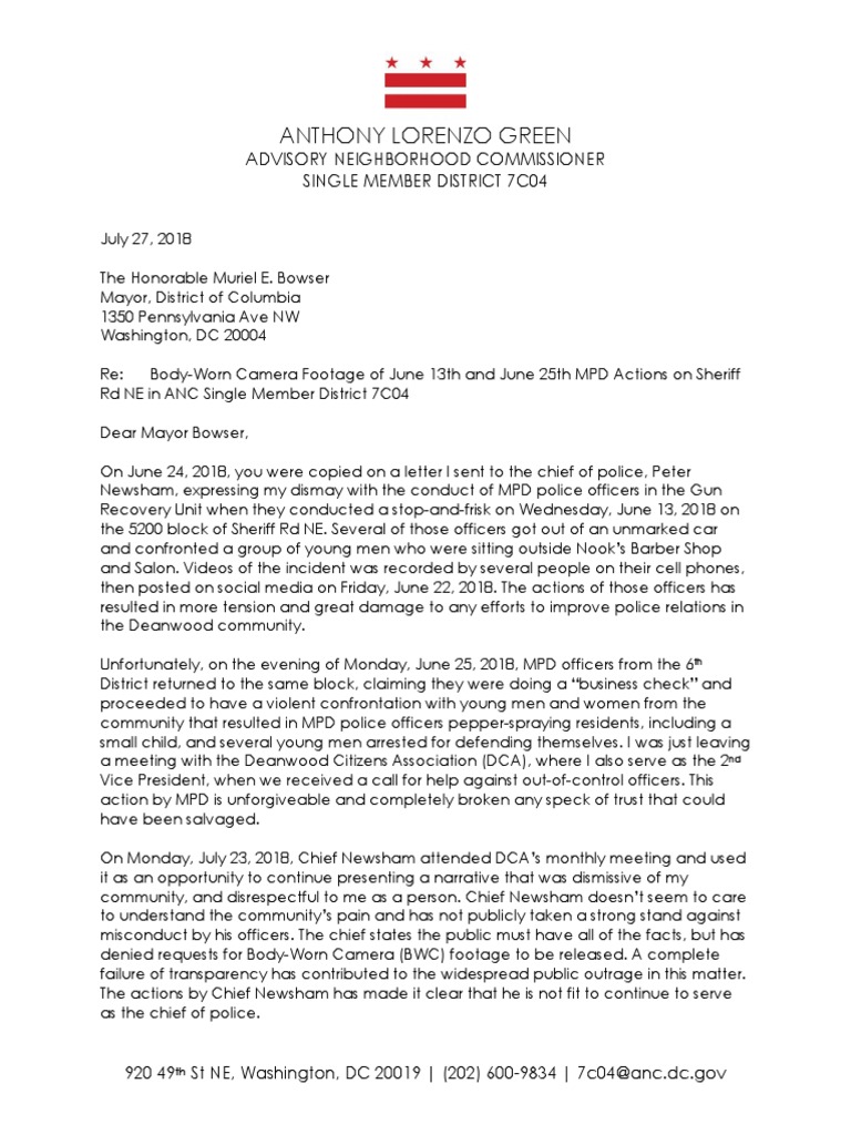 Letter from ANC Commissioner Lorenzo Green to DC Mayor Bowser | Human ...
