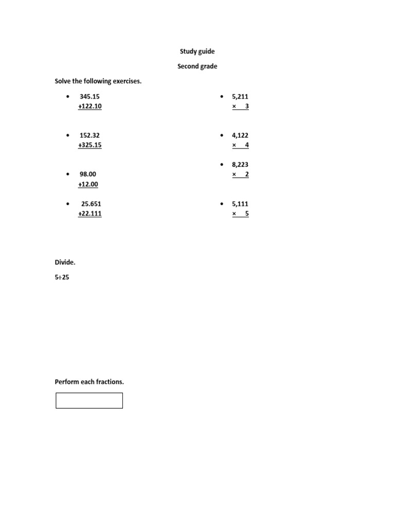Study Guide Second Grade Solve The Following Exercises. 345.15 +122.10 ...