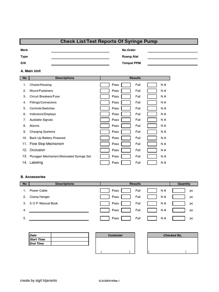 Check List/Test Reports Of Syringe Pump: A. Main Unit | Electrical ...