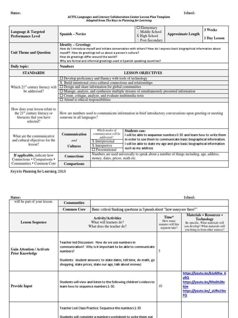 ACTFL Languages and Literacy Collaboration Center Lesson Plan Template ...
