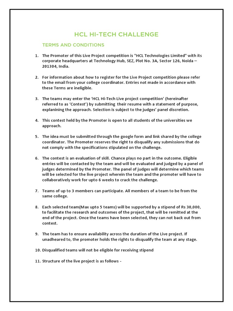 HCL Hi-Tech Challenge Terms & Conditions | PDF | Indemnity | Private Law