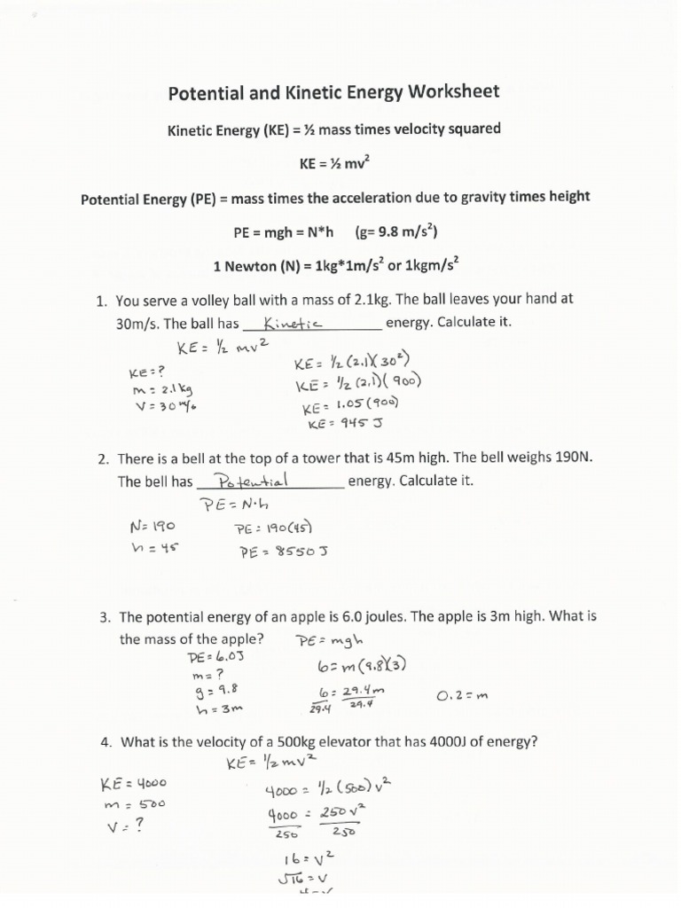 Potential and Kinetic Energy Worksheet Answers | PDF