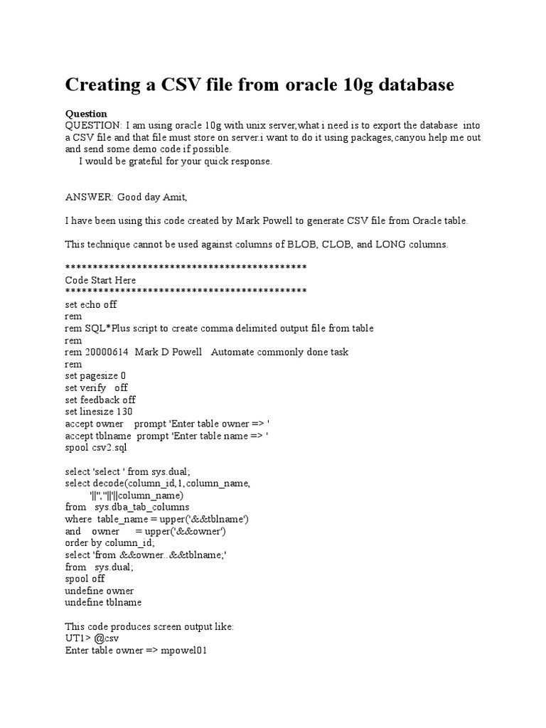 Creating A CSV File From Oracle 10g Database | PDF | Information Retrieval | Computer Data