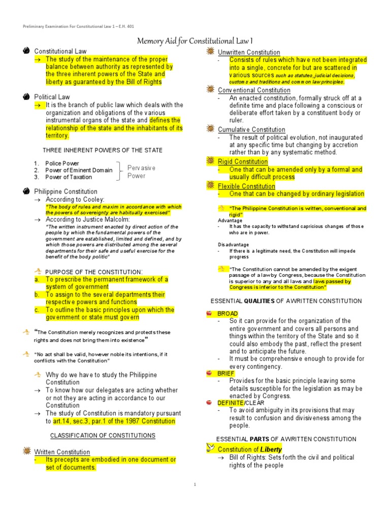Memory Aid For Constitutional Law I PDF | PDF | Constitutional ...
