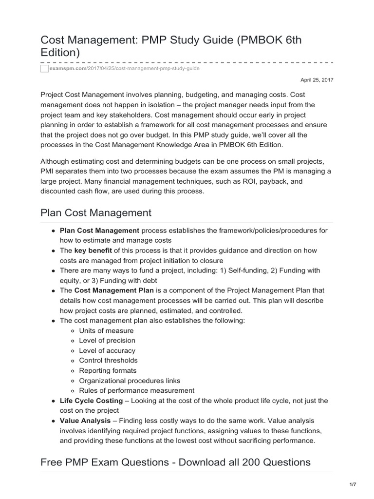 Cost Management: PMP Study Guide (PMBOK 6th Edition) | PDF | Estimation | Economies