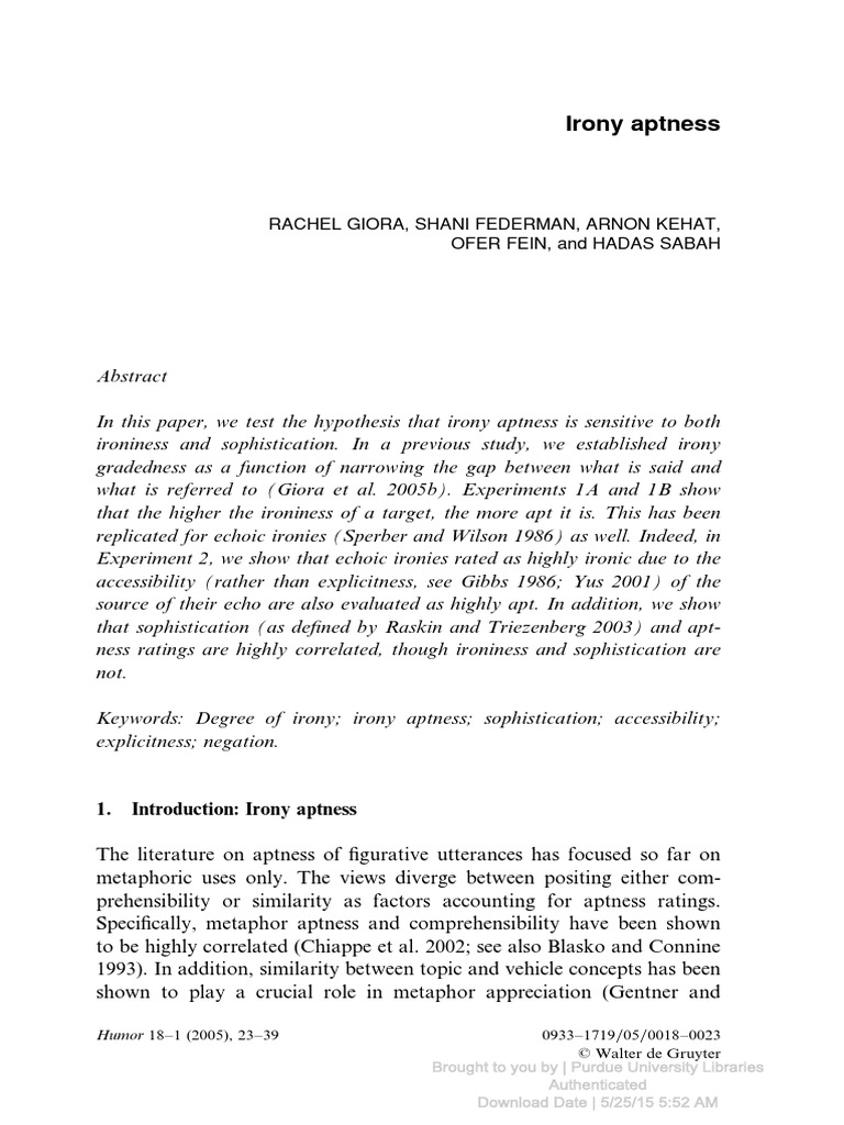 Irony Aptness: Rachel Giora, Shani Federman, Arnon Kehat, Ofer Fein, and Hadas Sabah | PDF ...