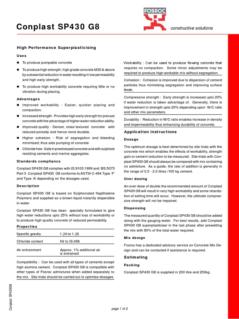 TDS Conplast SP430 G8 India | PDF | Concrete | Composite Material