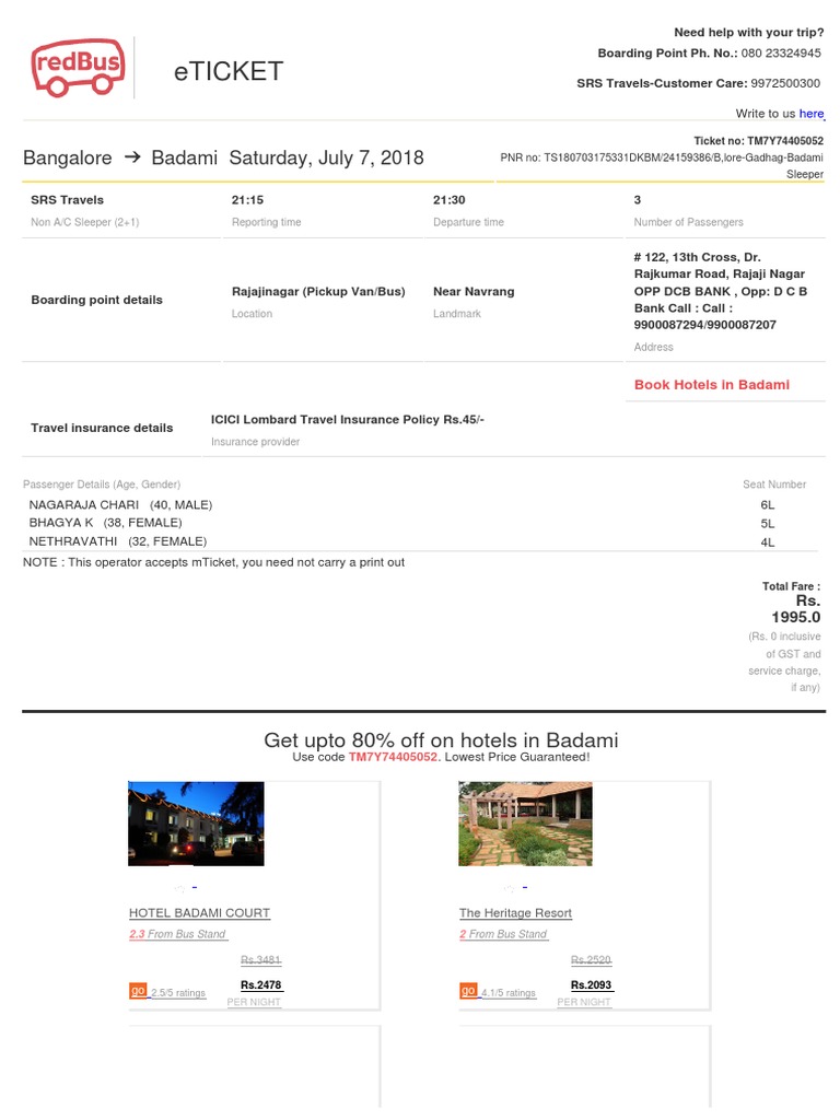 RedBus Ticket TM7Y74405052 | PDF | Ticket (Admission) | Baggage