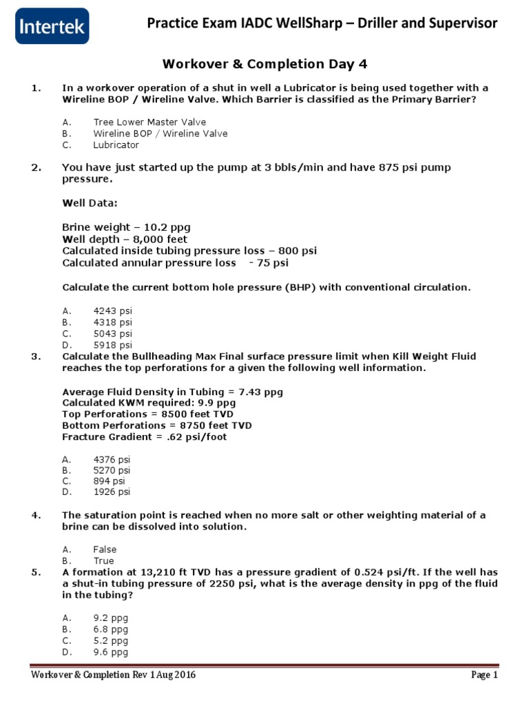 05 - WellSharp Workover and Completion - Day 4 Pre - Course PDF | PDF ...