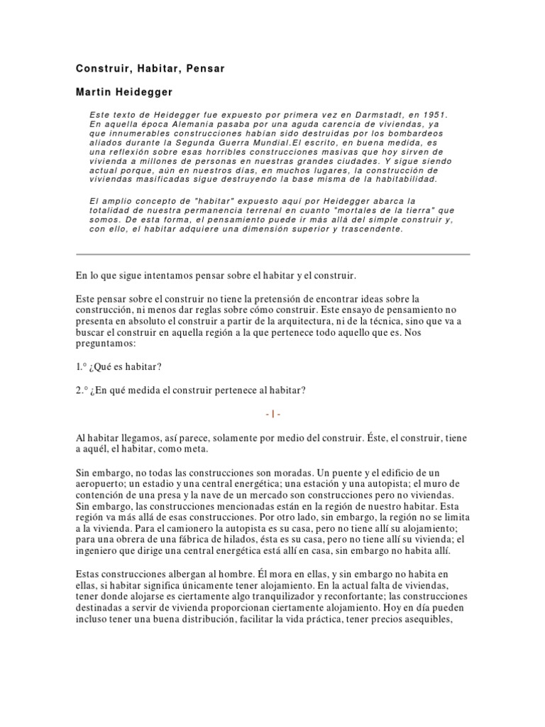 Construir, Habitar, Pensar. Martin Heidegger | PDF | Esencia | Espacio Construir, Habitar, Pensar. Martin Heidegger | PDF | Esencia | Espacio