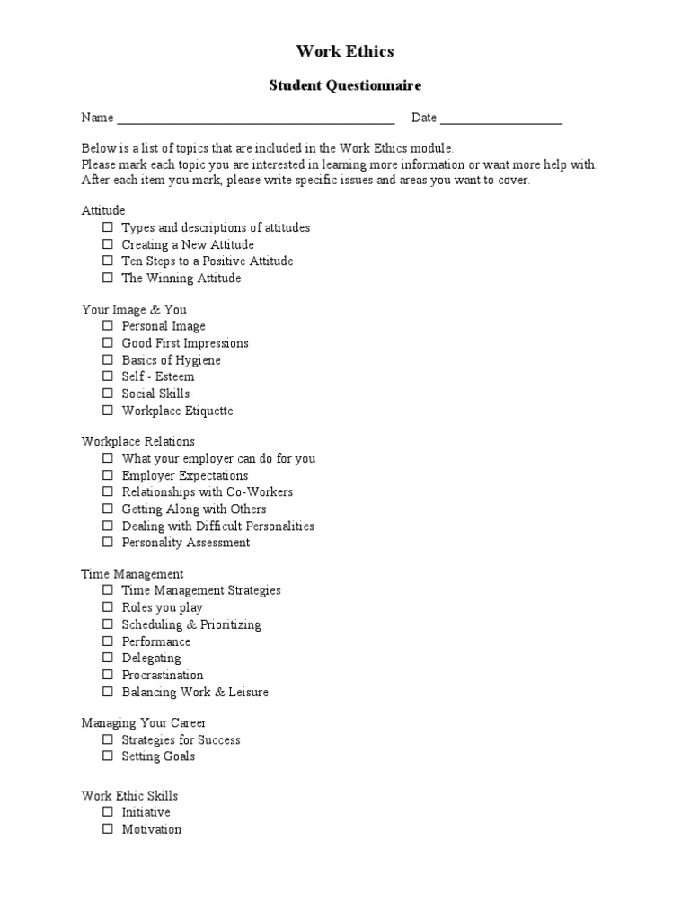 Work Ethics Questionnaire | Time Management | Professional Skills