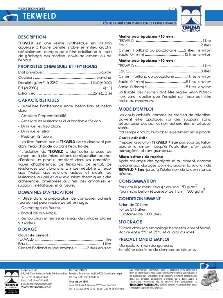 Résine TEKWELD pour béton et mortiers | PDF | Mortier (matériau) | Ciment