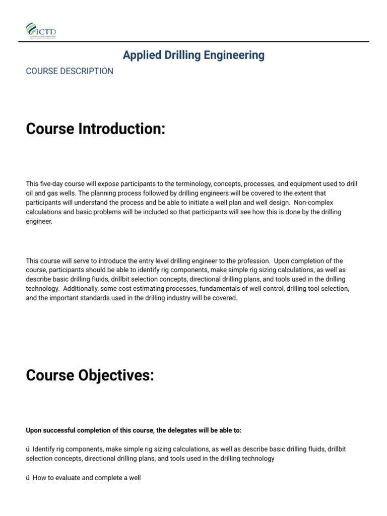 Course Introduction:: Applied Drilling Engineering | PDF | Oil Well ...
