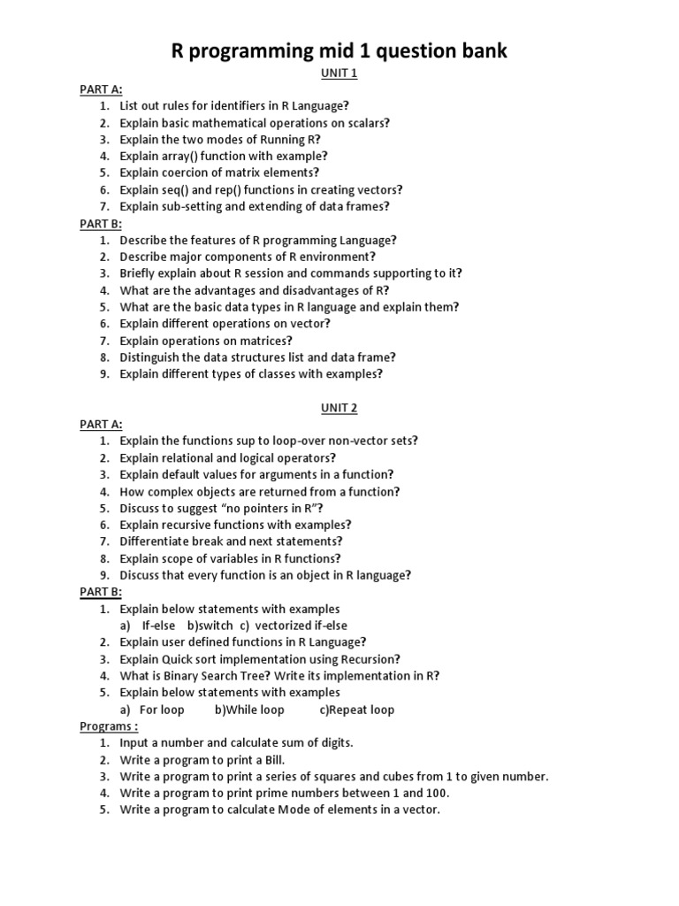 R Programming II 1 Mid Questionbank | PDF | R (Programming Language ...