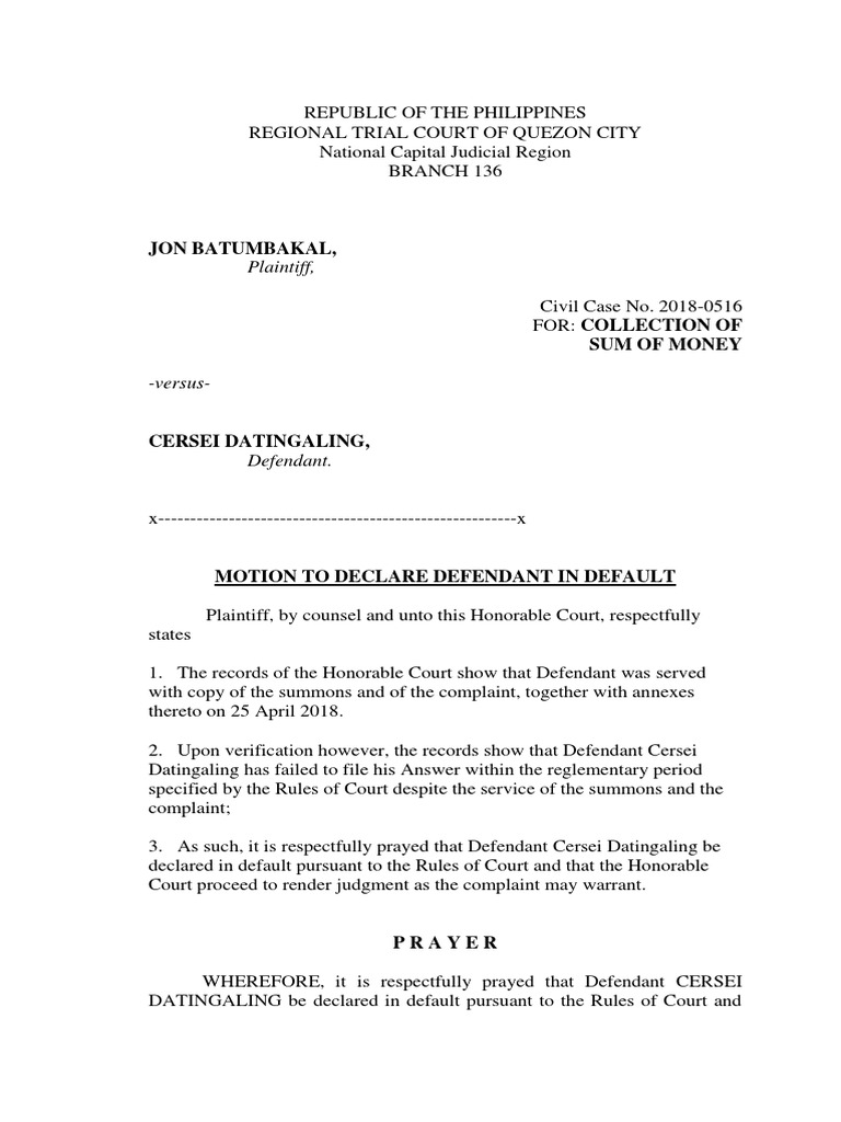 Motion to Declare Defendant in Default | Complaint | Lawsuit