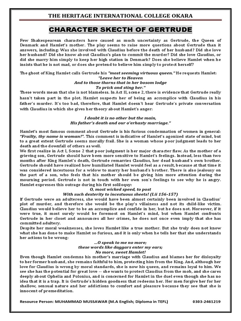 Character Skecth of Gertrude | PDF | Hamlet