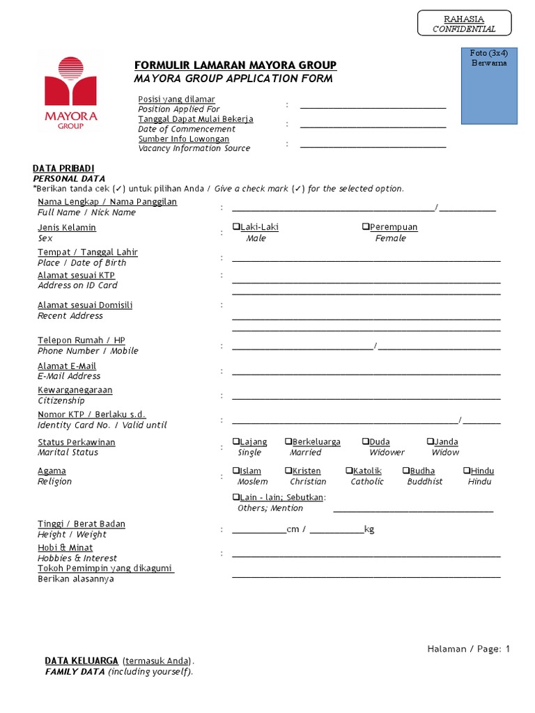 Formulir Lamaran Kerja Mayora Group | PDF
