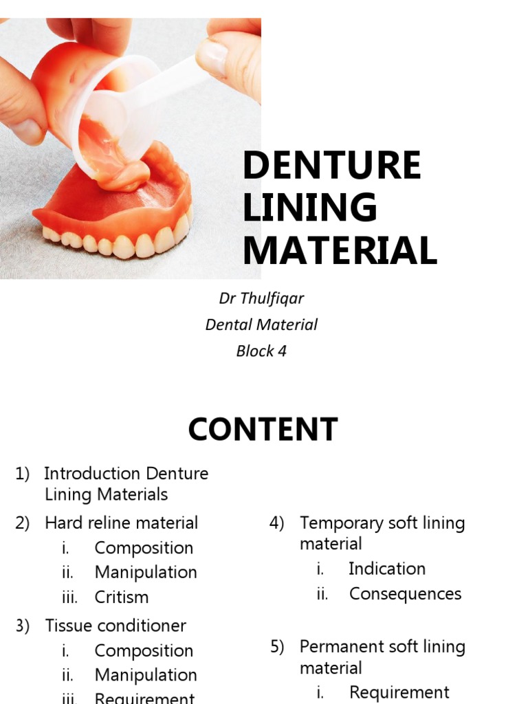 Types of Denture Lining Materials | PDF | Dentures | Poly(Methyl ...
