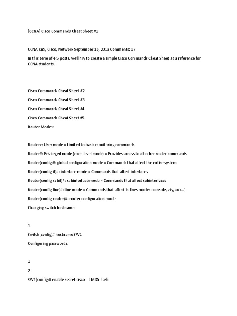 CCNA Command Cheat Sheet | PDF | Ip Address | Networking Standards