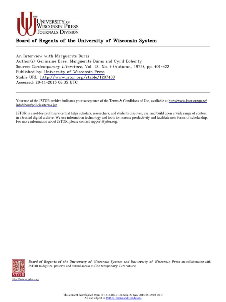 An Interview With Marguerite Duras - Germaine Brée, Marguerite Duras ...