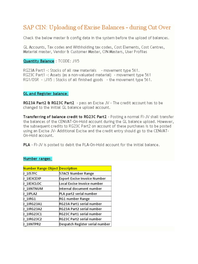 SAP CIN: Uploading of Excise Balances - During Cut Over | PDF