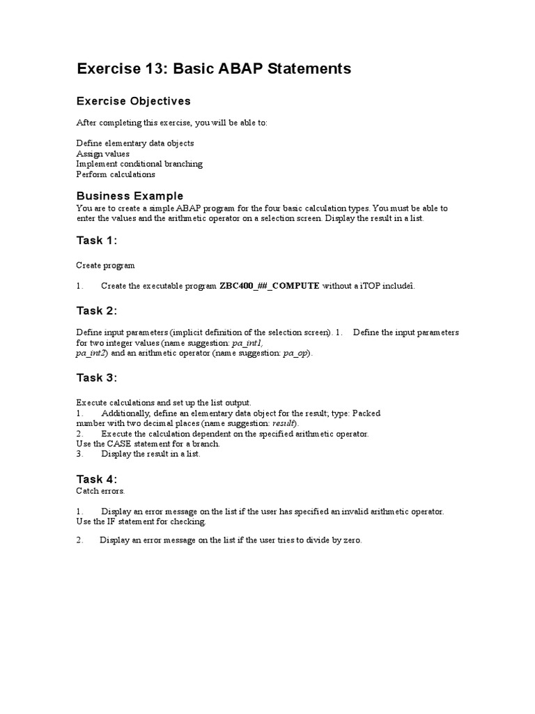 Exercise Basic ABAP Statements | PDF | Parameter (Computer Programming) | Computer Data