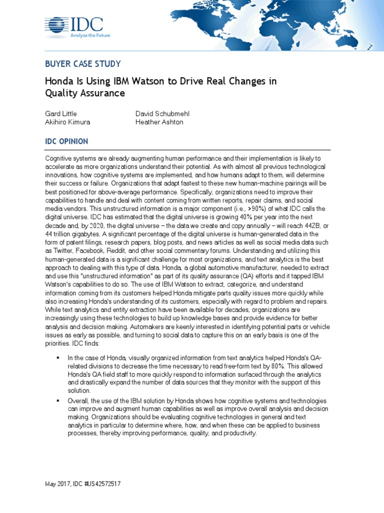 IDC IBM Honda Case Study May2017 | PDF | Watson (Computer) | Analytics