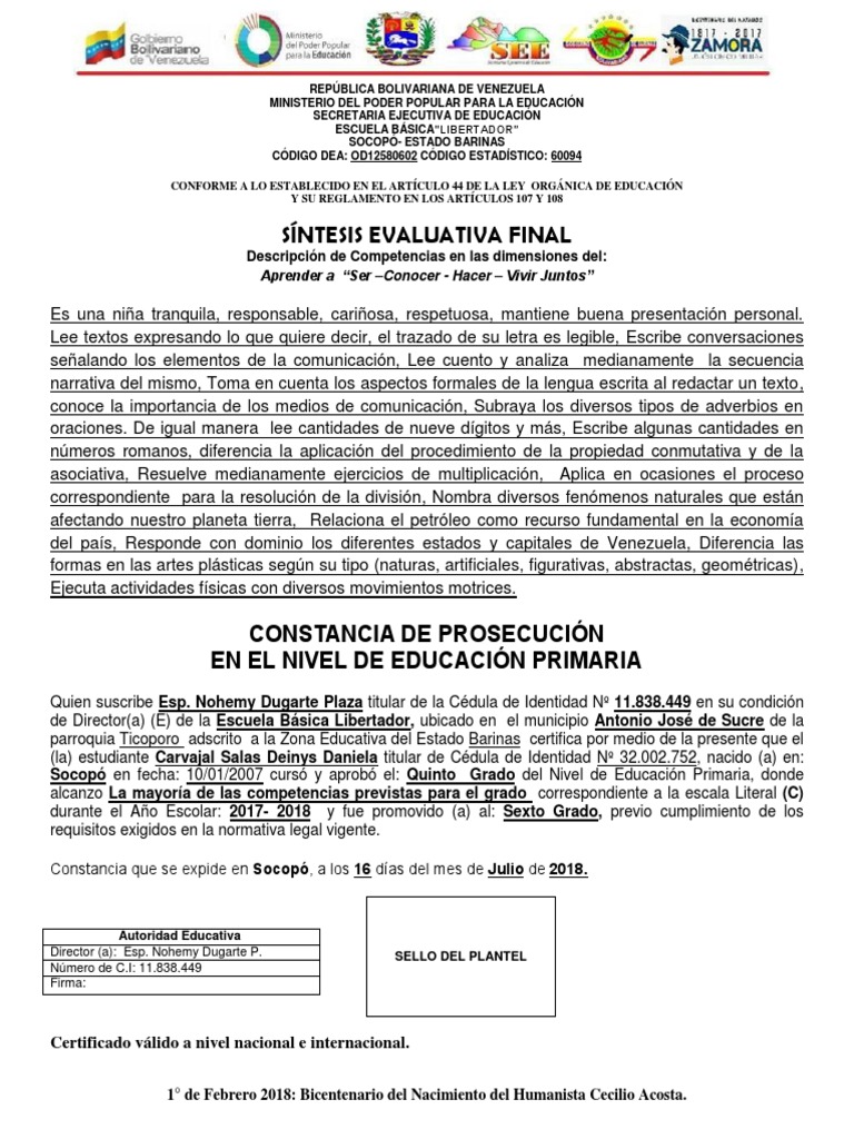 Boleta de Promocion 5to A 1 | PDF | Venezuela | Educación primaria