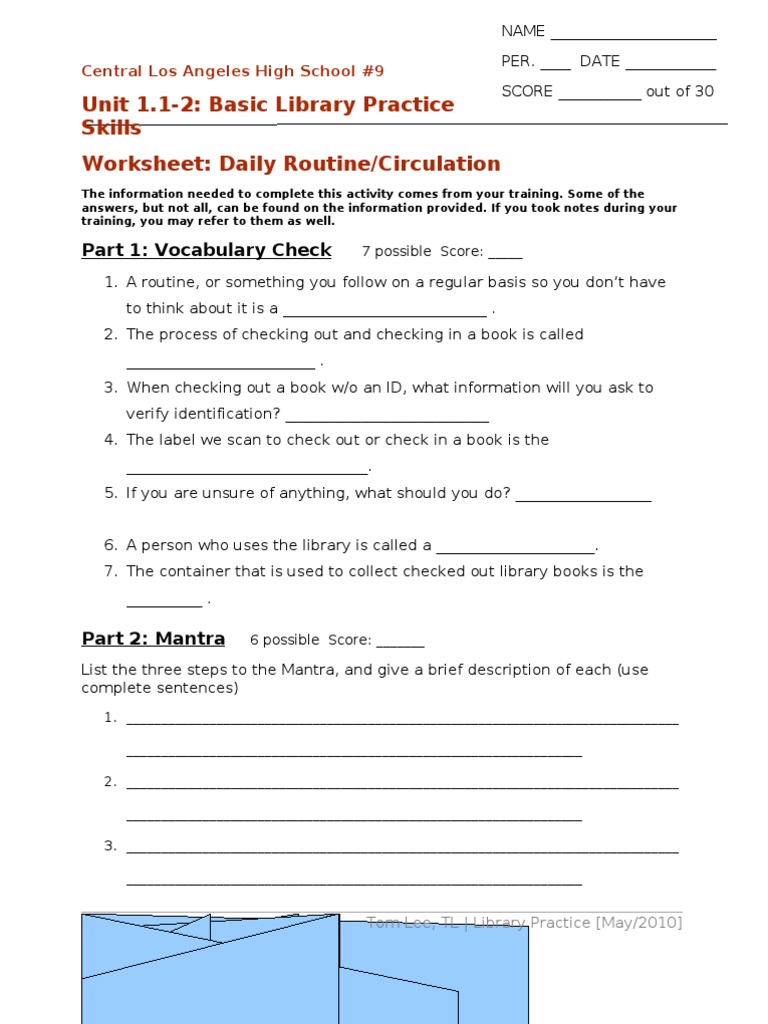 Unit 1.1-2: Basic Library Practice Skills Worksheet: Daily Routine ...