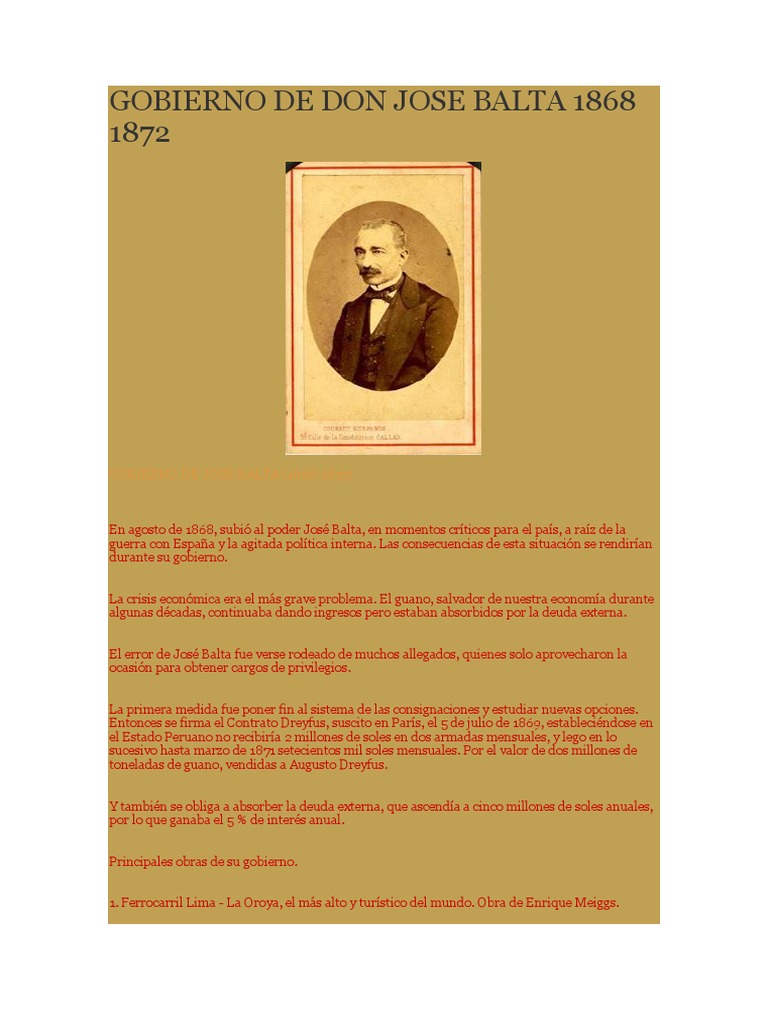 Gobierno de Don Jose Balta 1868 1872 | PDF | Perú | Gobierno