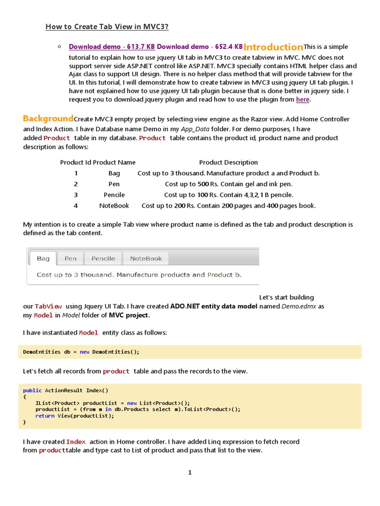 How To Create Tab View in MVC3 | Download Free PDF | J Query | Active Server Pages
