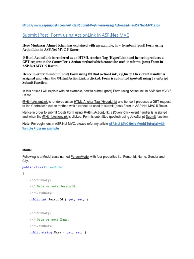Submit (Post) Form Using ActionLink in ASP - Net MVC | PDF | J Query | Parameter (Computer ...