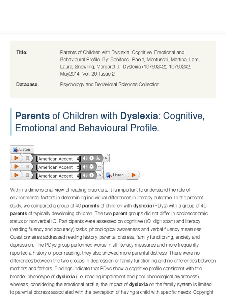Parents of Children With Dyslexia Cognitive Emotional and Behavioural ...