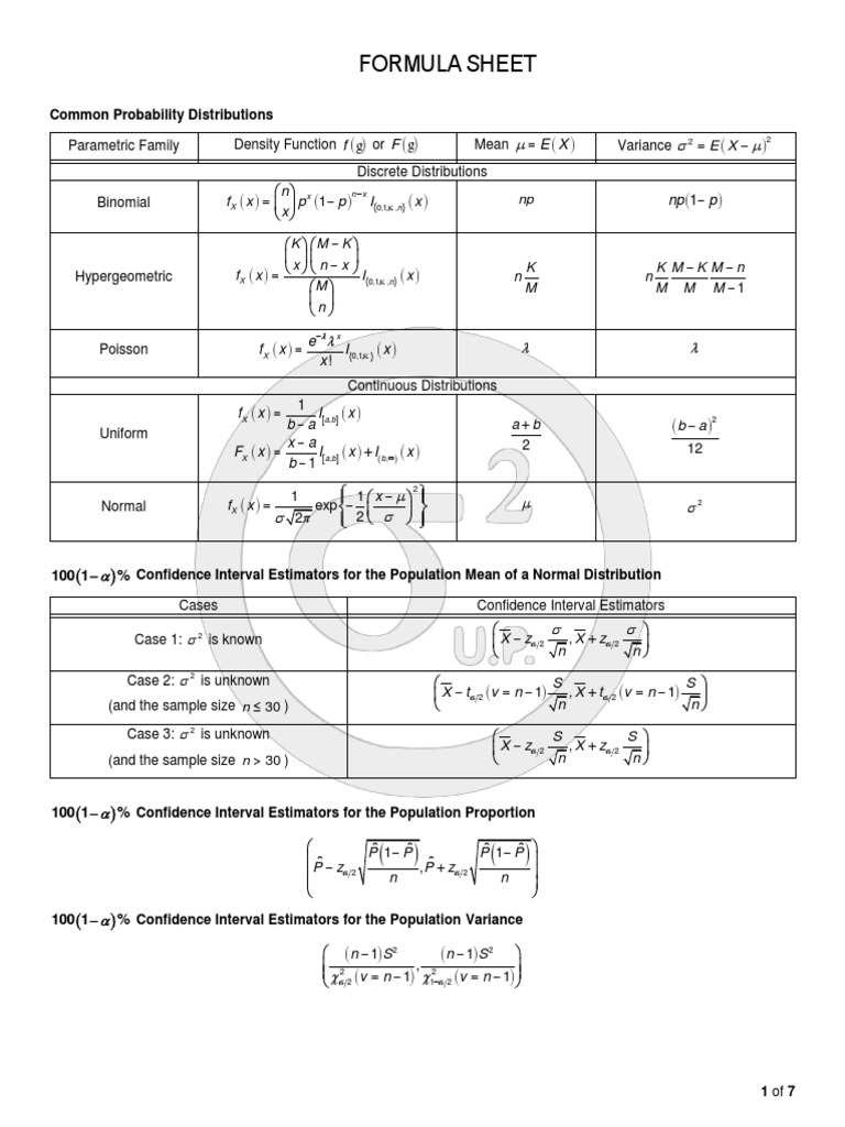 Formula Sheet | PDF | Statistical Hypothesis Testing | Hypothesis