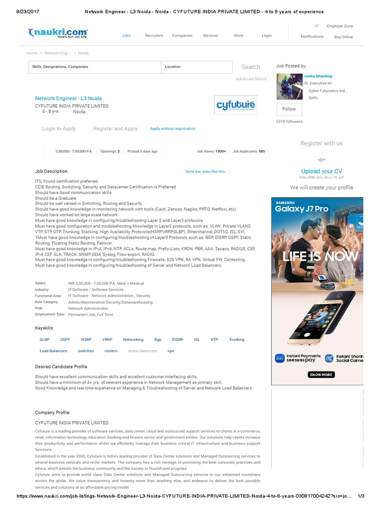 Network Engineer - L3 Noida - Noida - CYFUTURE INDIA PRIVATE LIMITED ...