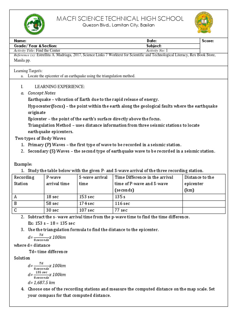 1st Grading Science 10 Worksheet | PDF | Earthquakes | Physics