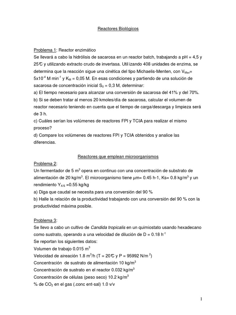 Serie de Problemas - Reactores Biologicos | PDF | Enzima | Concentración