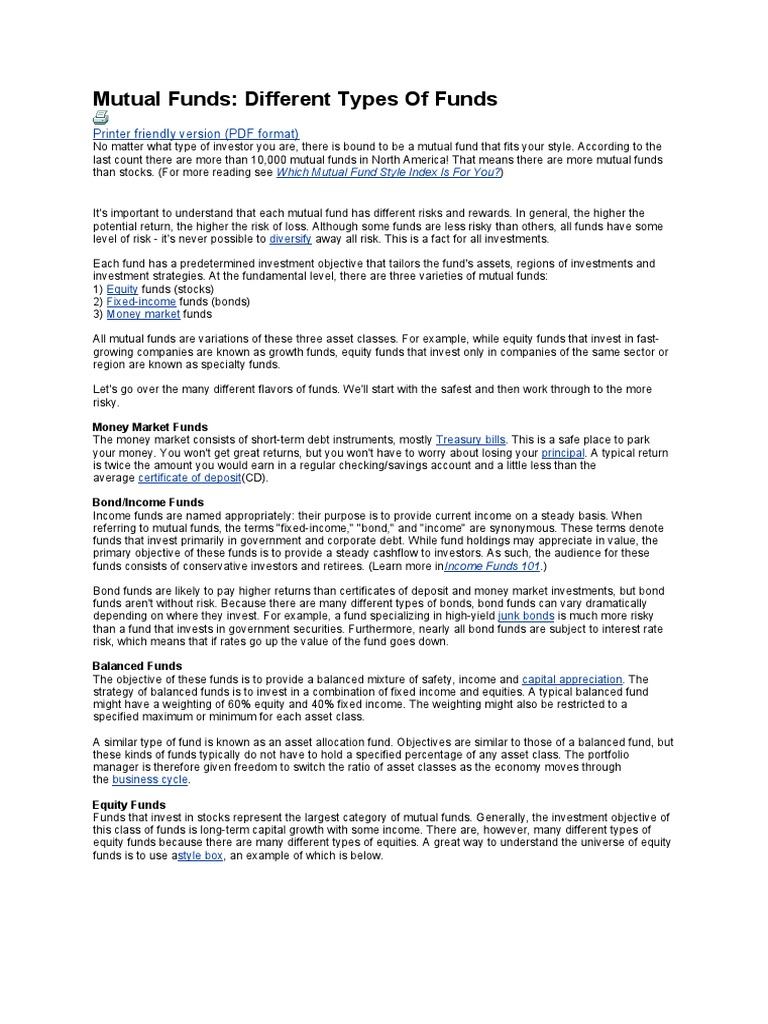 Mutual Funds: Different Types of Funds: Printer Friendly Version (PDF ...