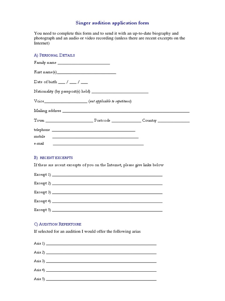 Singer Audition Application Form | PDF | Audition | Communication