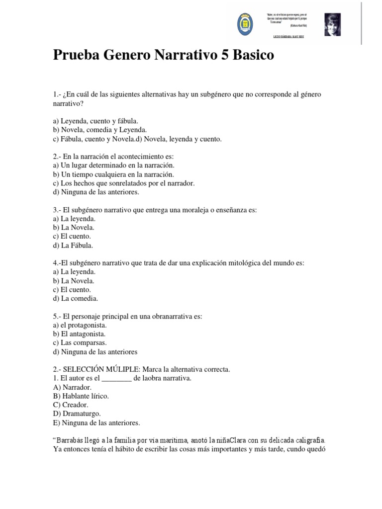 Prueba Genero Narrativo 5 Basico | Narración | Cuentos
