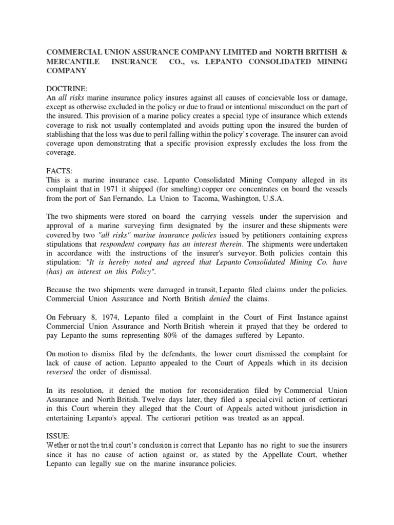 Commercial Union Assurance Company vs. Lepanto Consolidated Mining ...