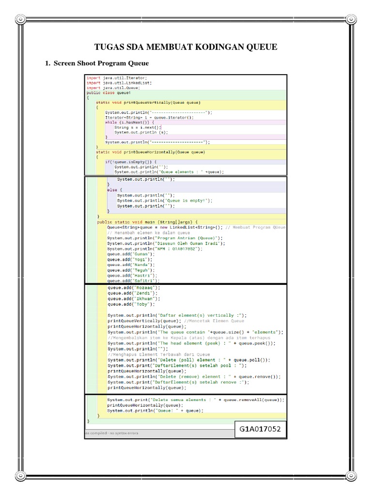 Tugas Sda Membuat Kodingan Queue: 1. Screen Shoot Program Queue | PDF ...