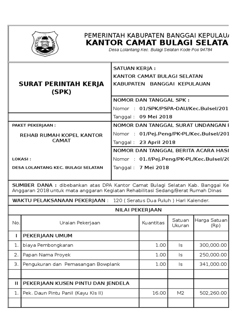 Contoh Surat Perintah Kerja (SPK) | PDF
