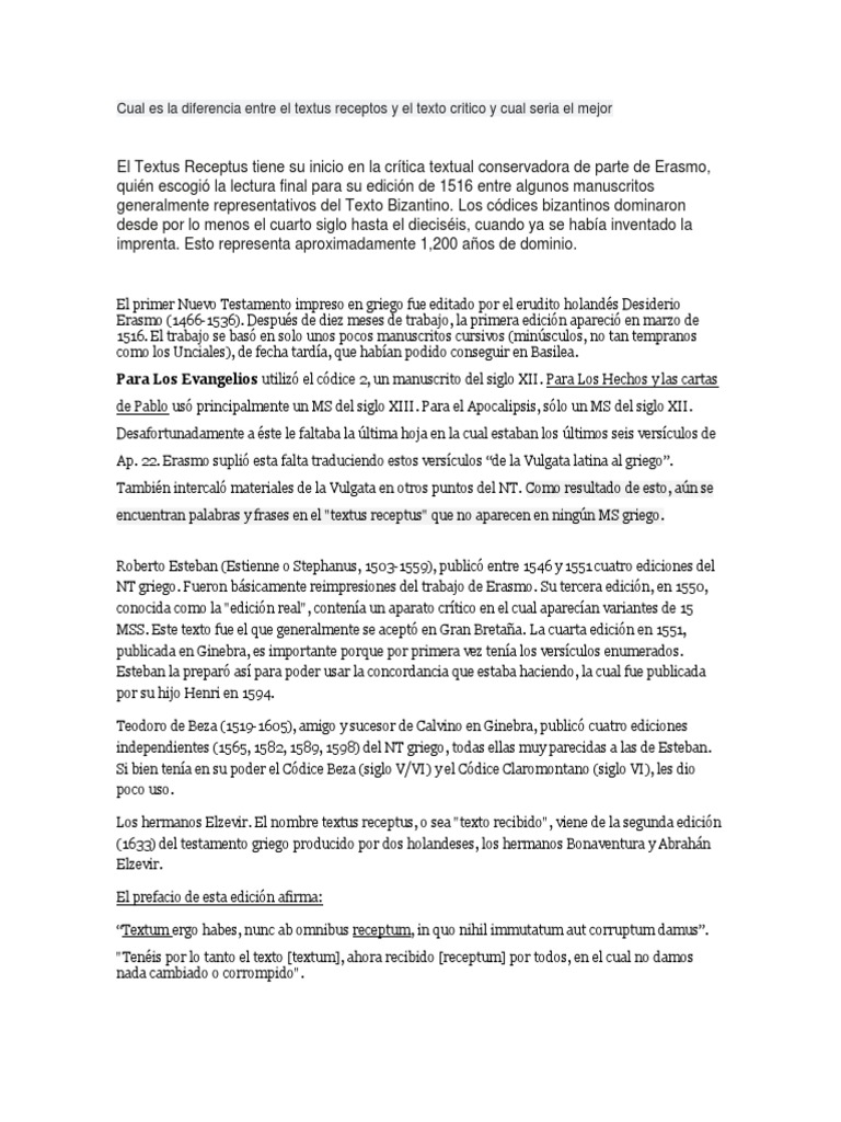 Diferencias entre Textus Receptus y Texto Crítico | PDF | Textos ...