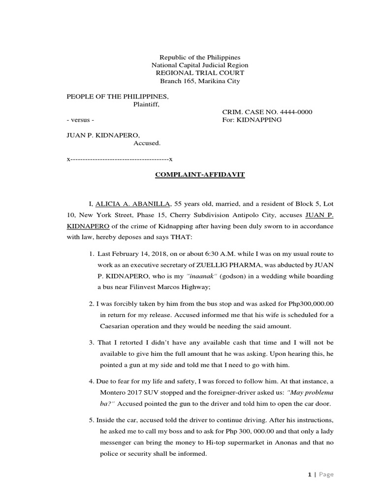 Complaint Affidavit Kidnapping | PDF | Justice | Crime & Violence
