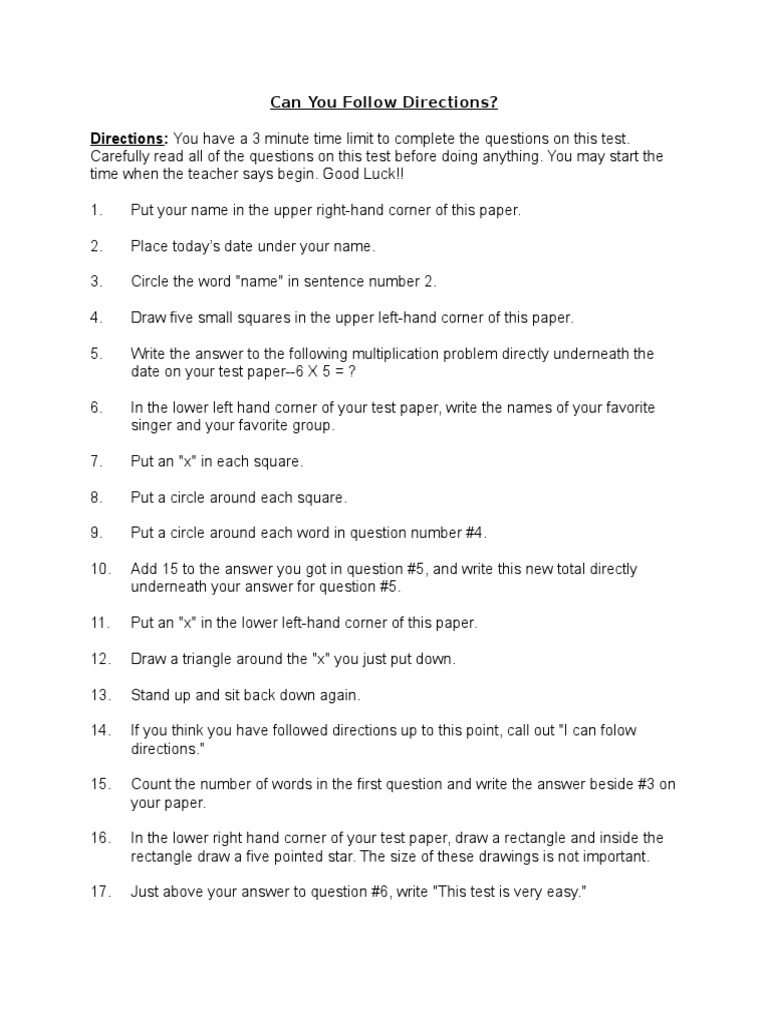 Following Directions Worksheet Trick