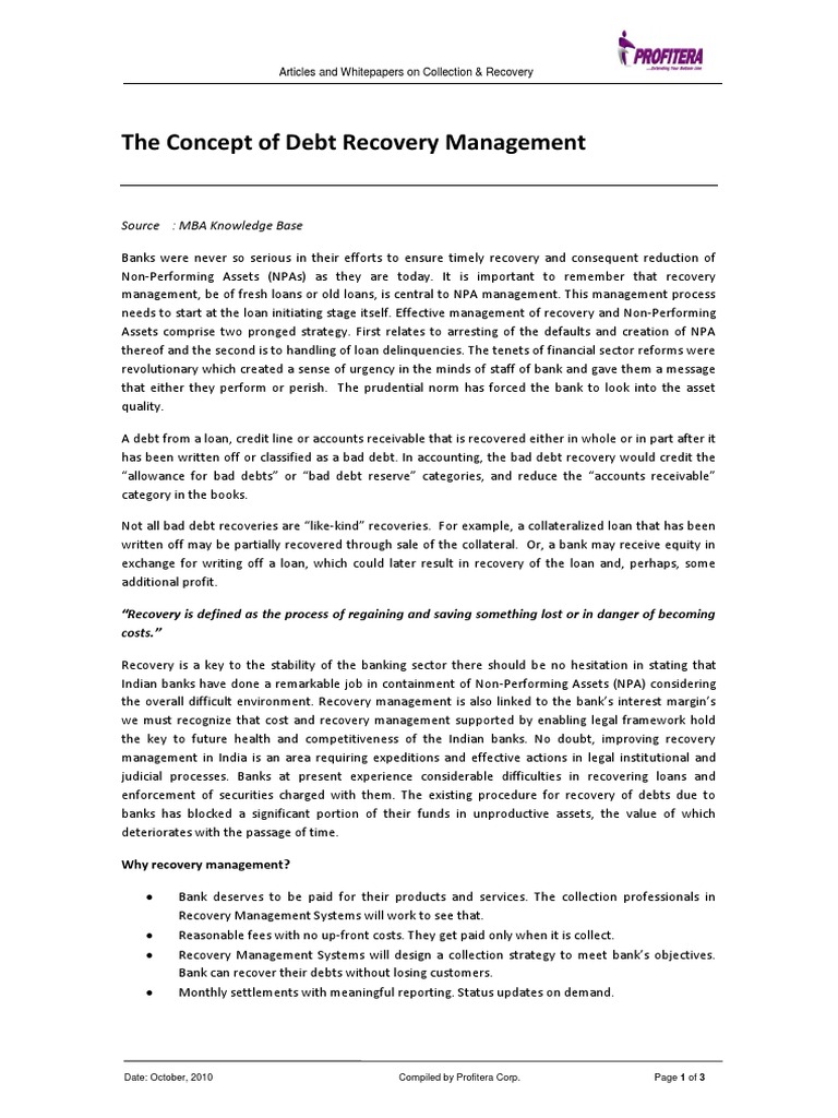 The Concept of Debt Recovery Management | PDF | Banks | Debt