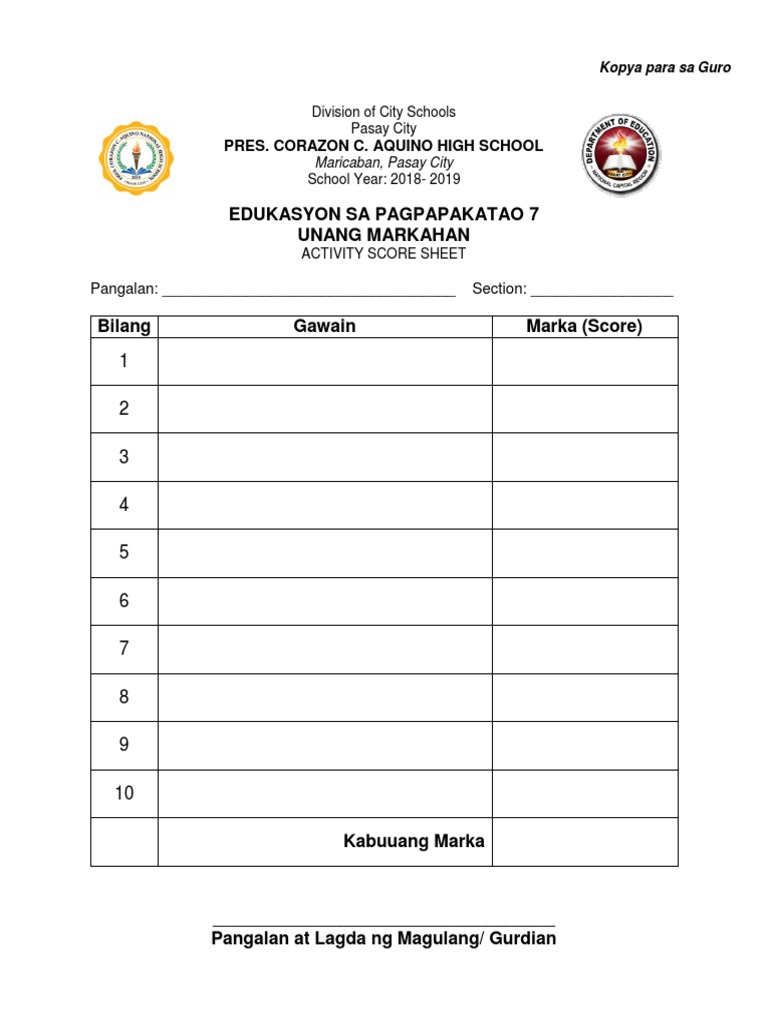 Activity Score Sheets | PDF