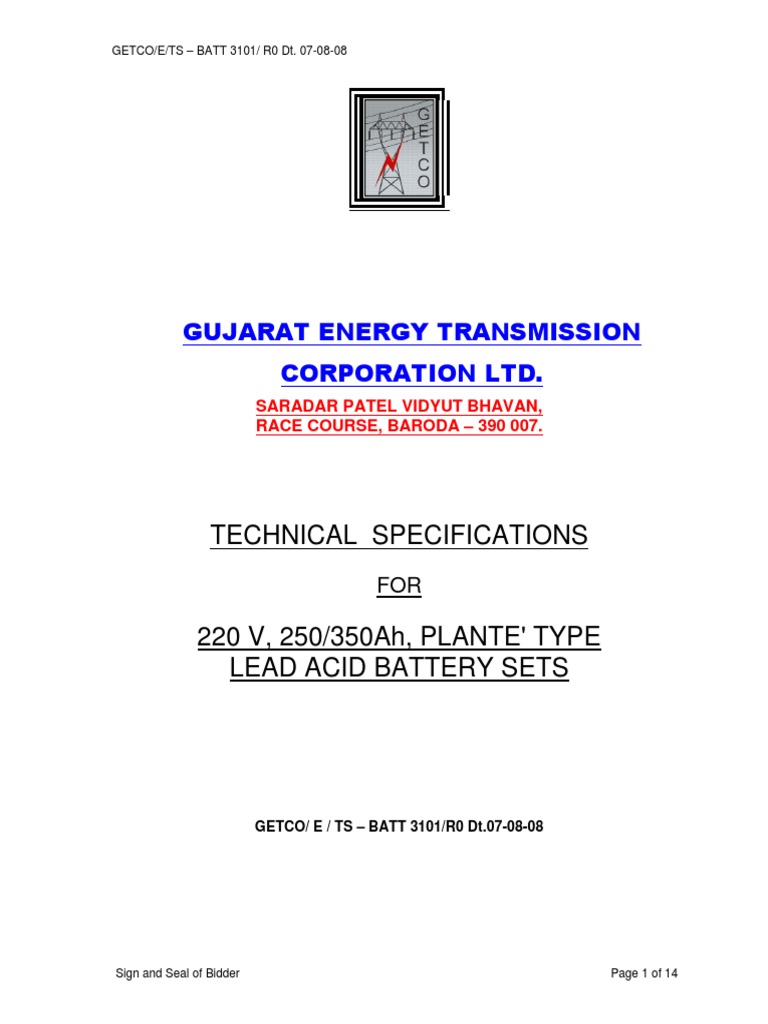 Plante Type Lead Acid Battery Specs | PDF | Battery (Electricity) | Rechargeable Battery